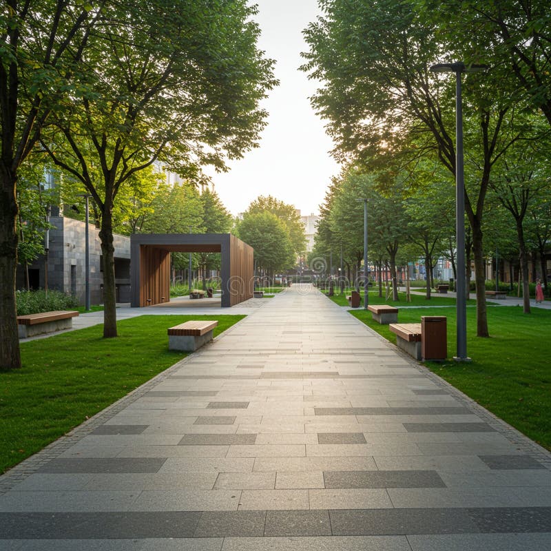 Tree-lined Walkway with Neatly Arranged Tiled Pathway in an Urban Park ...