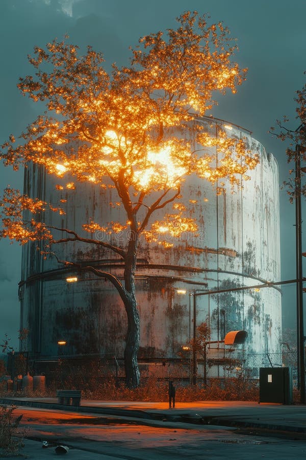 A Tree is Lit Up in the Dark with a Large White Building in the ...