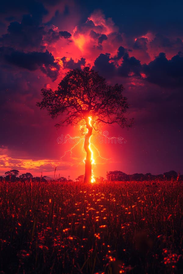 A Tree is Lit Up by a Lightning Bolt in a Field Stock Image - Image of ...