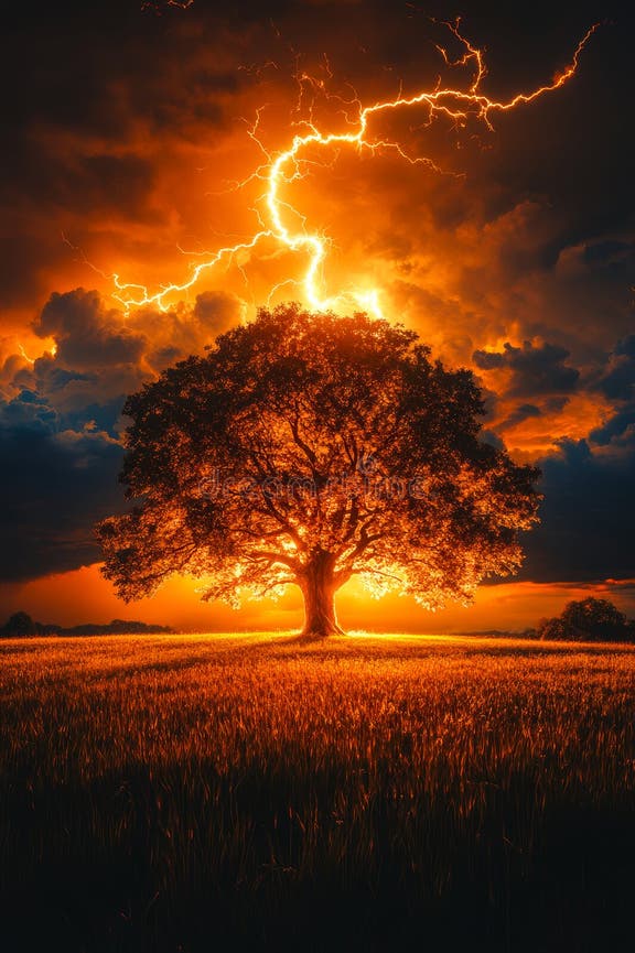 A Tree is Lit Up by a Lightning Bolt in the Sky Stock Image - Image of ...