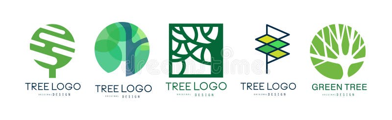 Tree Logo Original Design with Green Shape Vector Set Stock ...