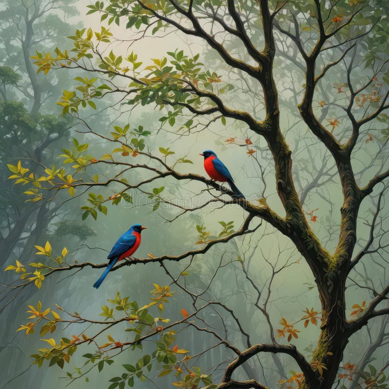 A Tree, with Long Bending Branches, Leaves, and Two Colored Birds ...
