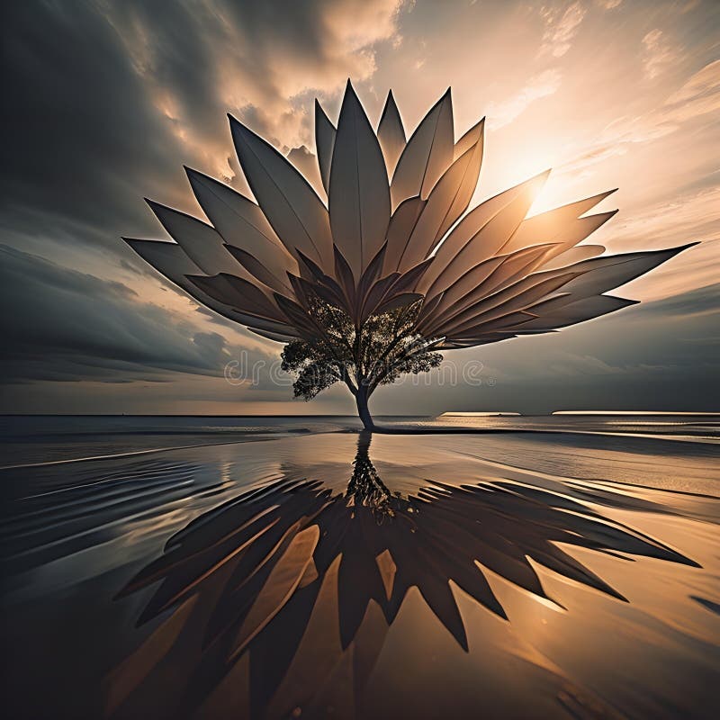 Tree and Lotus in the Water at Sunset. Generative Ai Stock Illustration ...