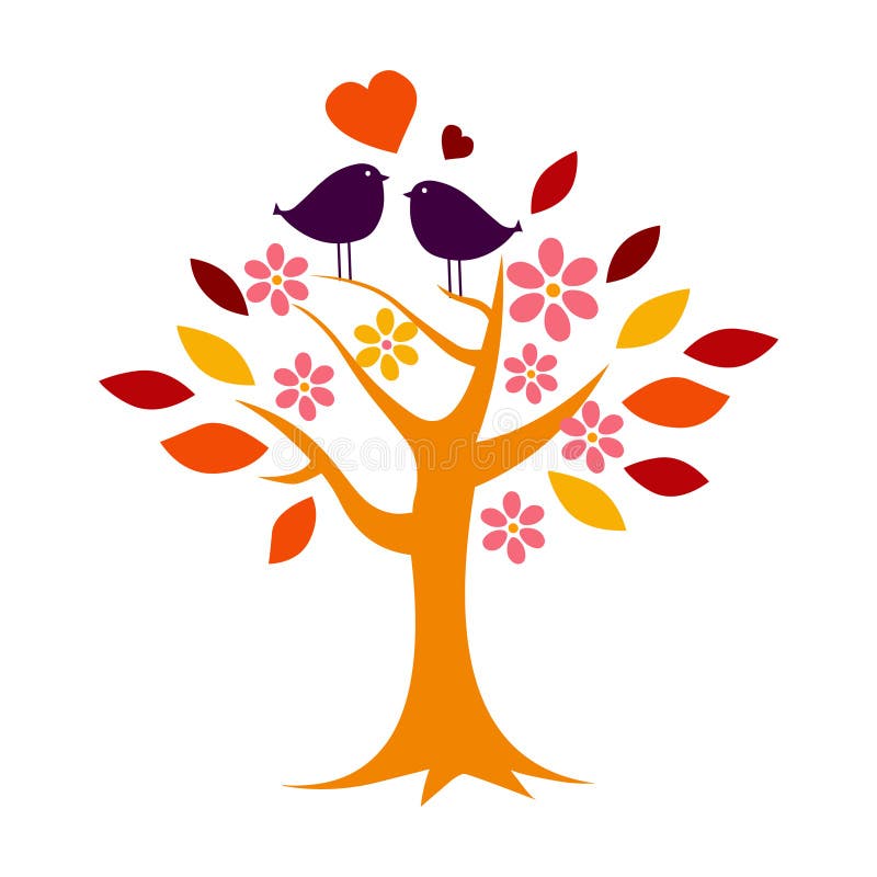 Love Birds. Silhouette of Two Birds Sitting on a Branch of Tree. Stock ...