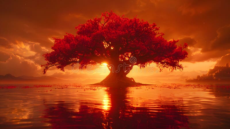 The Tree of Love. Red Heart Shaped Tree at Sunset Stock Image - Image ...