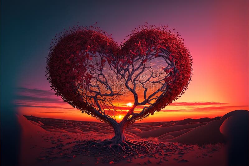 Tree of Love. Red Heart Shaped Tree at Sunset. Beautiful Landscape with ...