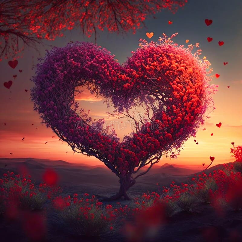 Tree of Love in Spring. Red Heart Shaped Tree at Sunset Stock ...