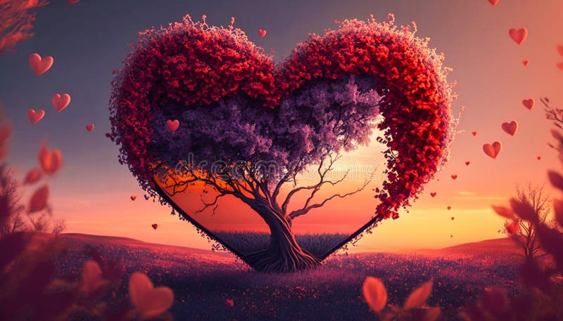 Tree of Love in Spring. Red Heart Shaped Tree at Sunset Stock ...