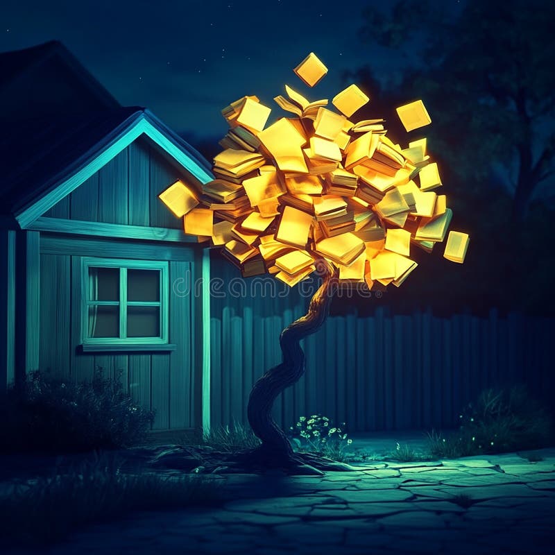 A Tree Made of Books with Glowin Pages Illuminating the Scene Stock ...