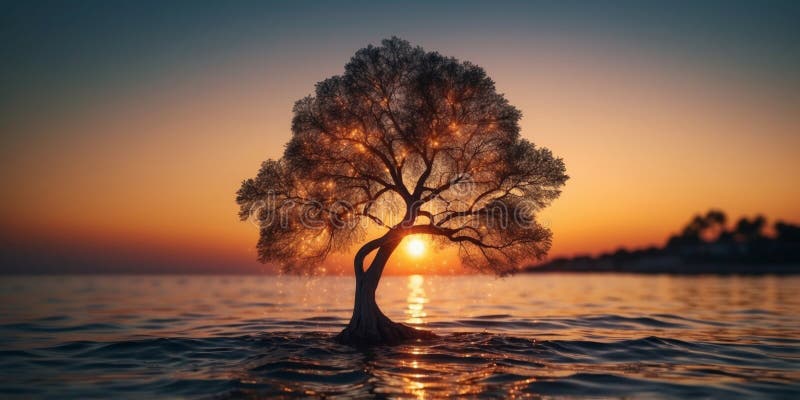 A Tree Made of Fire Growing in the Middle of a Glowing Ocean. Stock ...