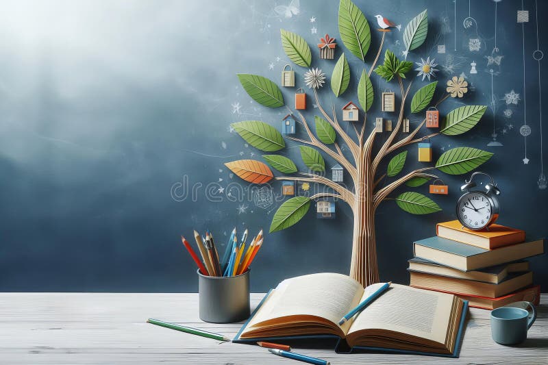 A Tree Made Out Paper is on a Desk with a Book and a Clock Stock Image ...