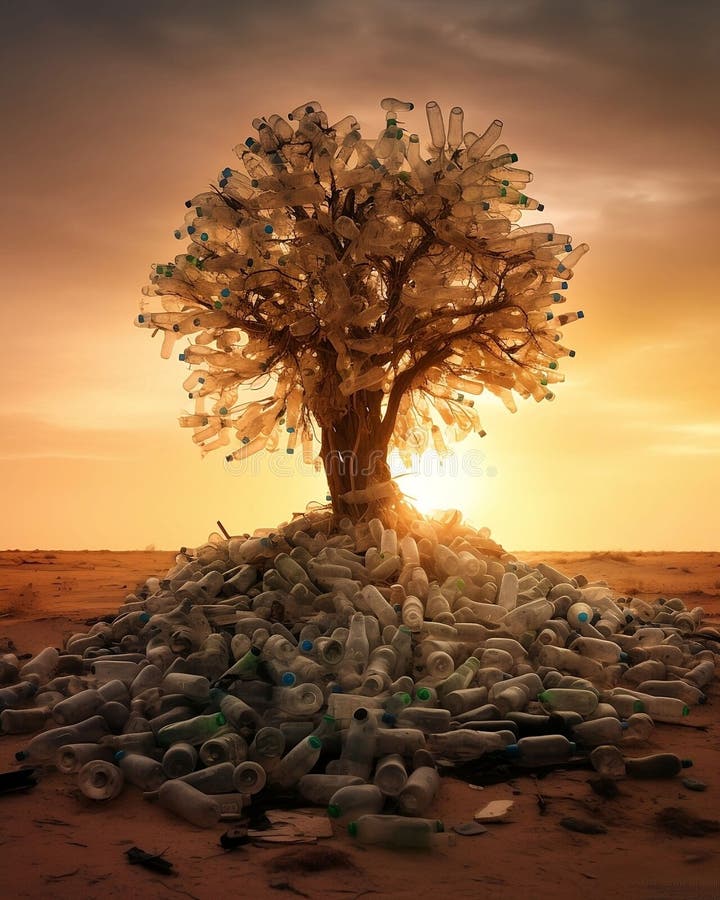 Tree Made of Plastic Bottles in a Desert. Environmental Pollution ...