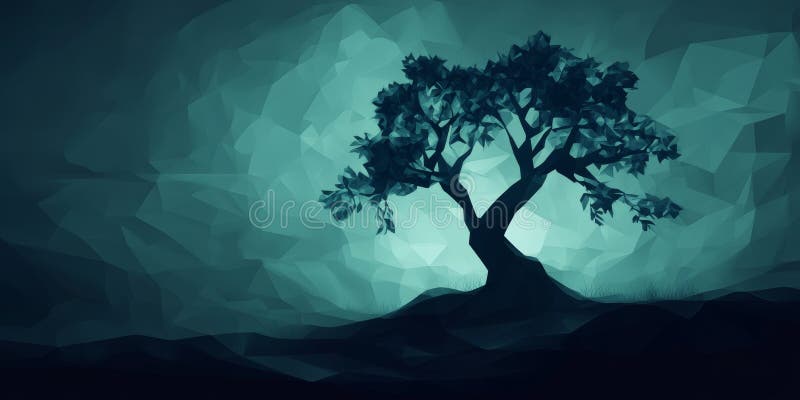 A Tree is the Main Focus of this Image, Which is a Blue and Green Color ...