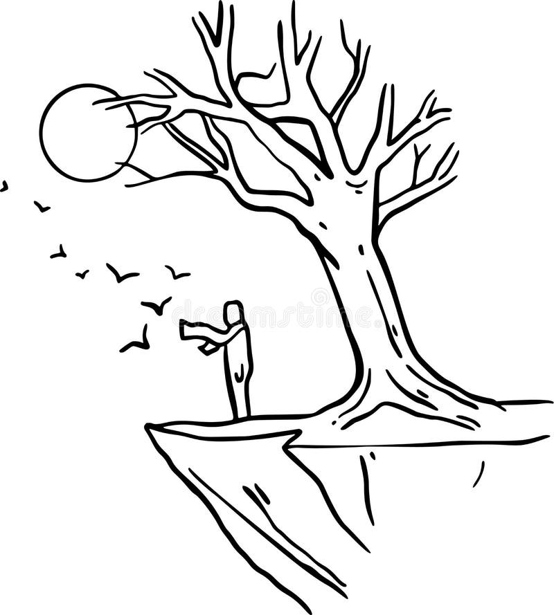 Tree, Man, Birds, Sun, Hand Draw Vector Illustration Art Stock Vector ...
