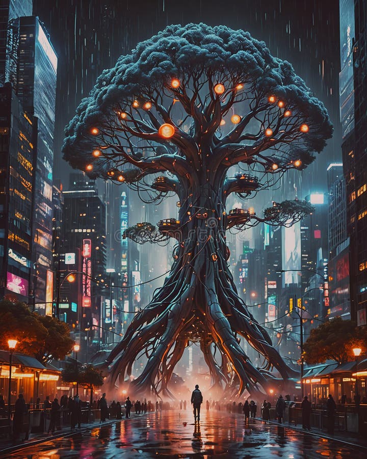 A Tree with a Man Walking in the Middle of it Stock Illustration ...