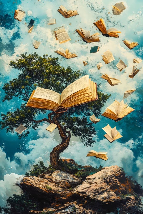 A Tree with Many Books Flying Out of it on Top of a Mountain Stock ...