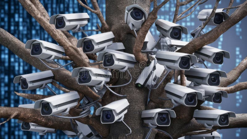 A Tree with Many Cameras Attached To it in a City, AI Stock Image ...
