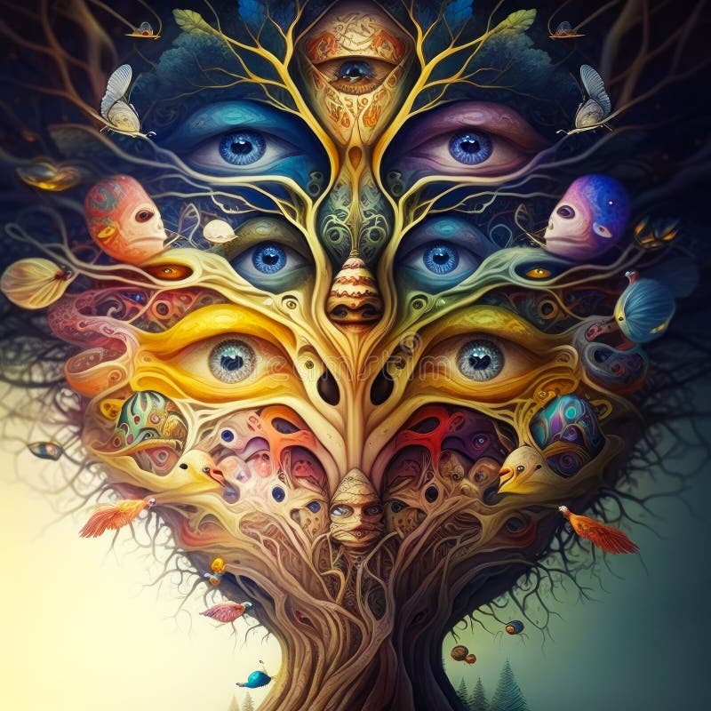 Tree with Many Faces and Eyes on it. Generative AI Stock Illustration ...