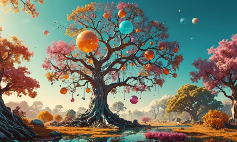Tree with Many Planets Hanging from it Stock Illustration ...