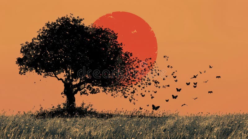Tree in the Meadow with Flying Birds at Sunset 3d Render Stock ...