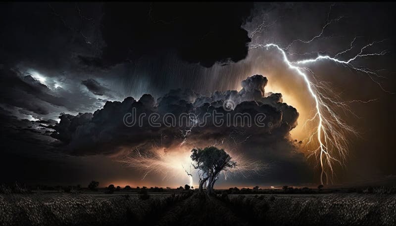 A Tree in the Middle of a Field Under a Storm Stock Illustration ...