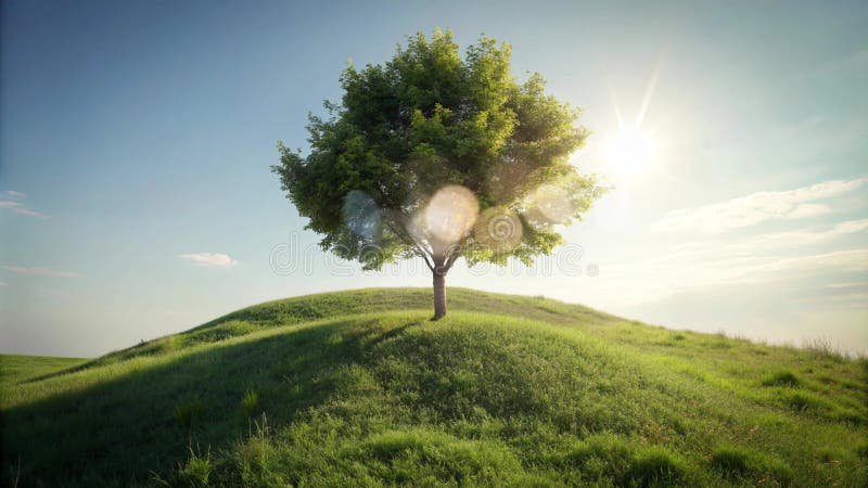 Tree in the Middle of the Hill with Sunlight Shining on it Stock ...