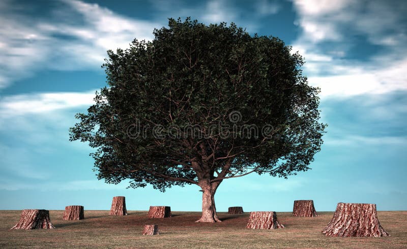 Tree in the Middle of Multiple Cutted Trees Stock Illustration ...