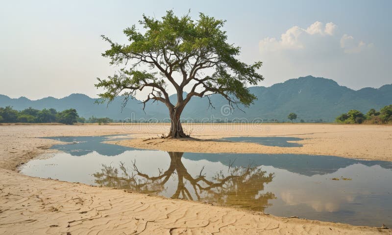 Tree in the middle river stock illustration. Illustration of water ...