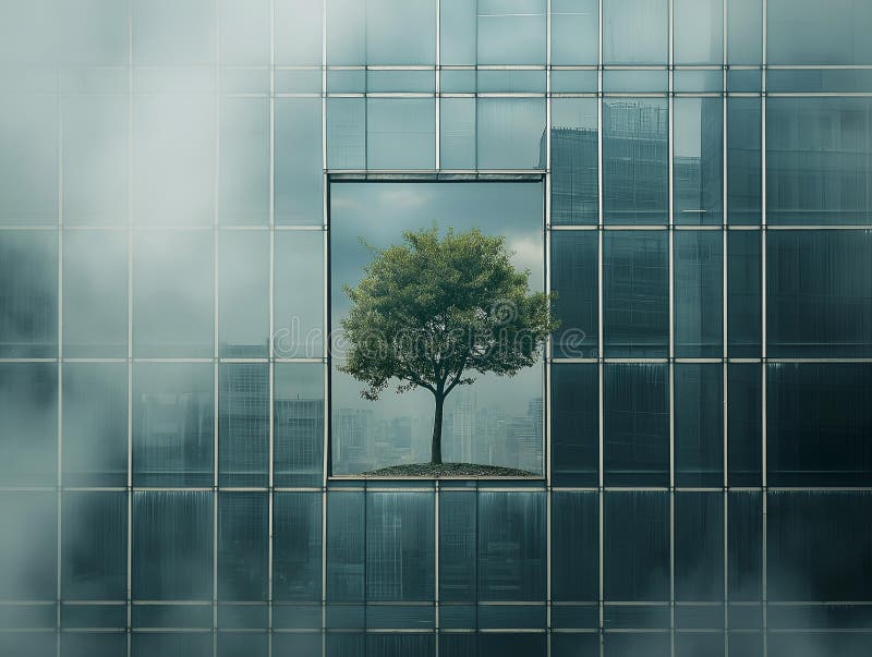Tree in Modern Building, Glass Facade, Reflective Surfaces, Green ...