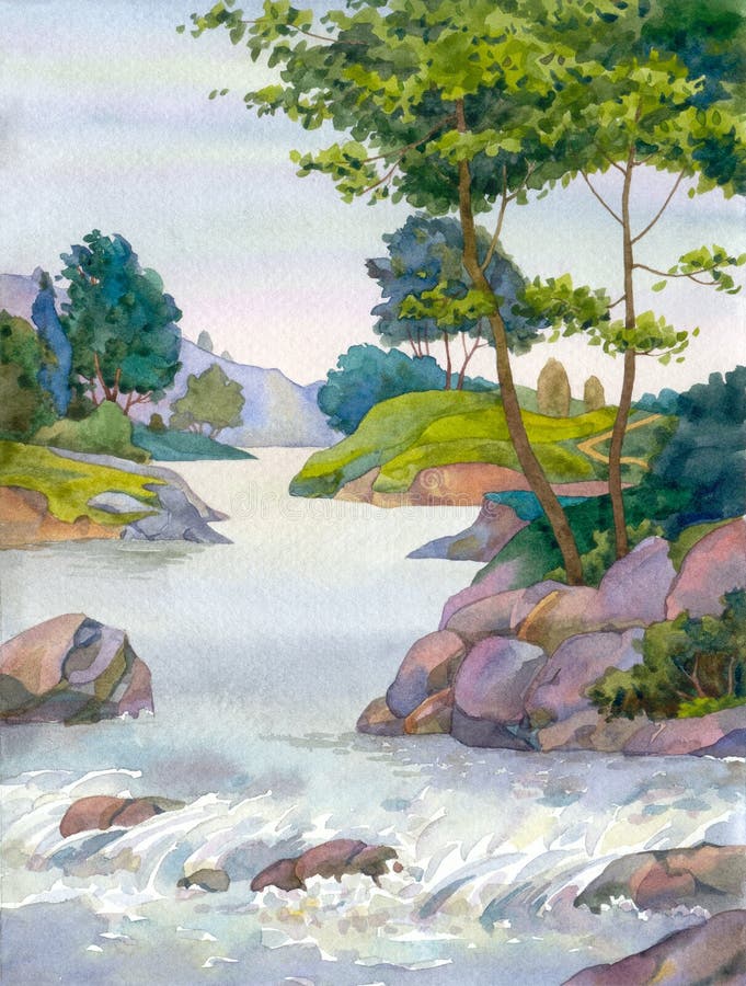 Mountain Stream. Vector Drawing Stock Vector - Illustration of forest ...