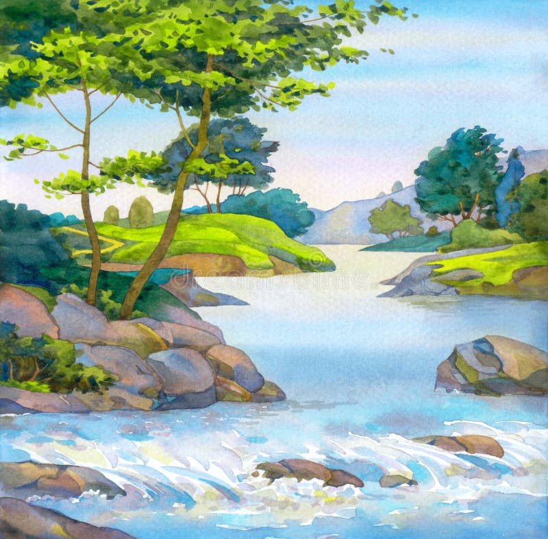 Tree by a mountain stream stock illustration. Illustration of depth ...