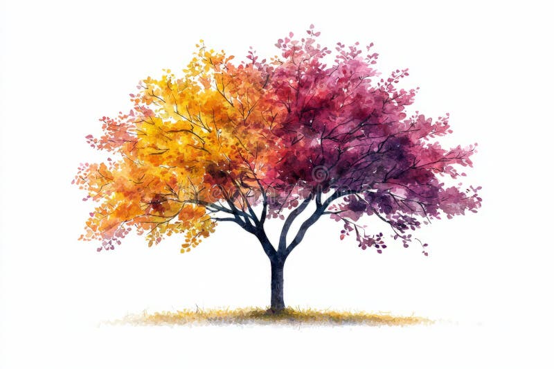 Tree with a Multicolored Canopy of Leaves, Abstract Watercolor ...