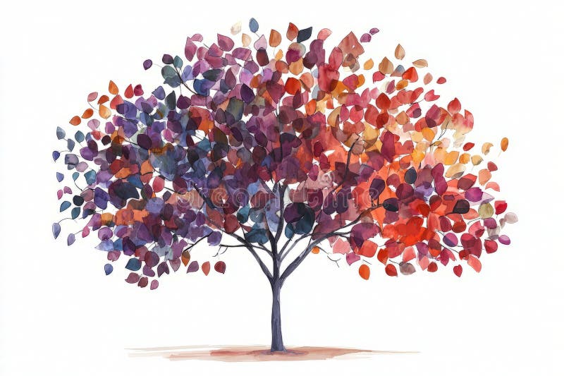 Tree with a Multicolored Canopy of Leaves, Abstract Watercolor ...