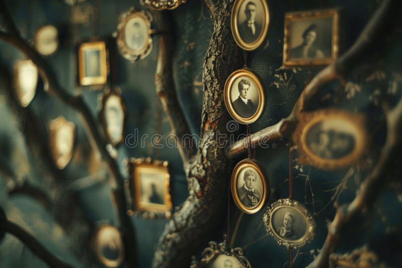 A Tree with Multiple Framed Photos Hung from Its Branches Stock Photo ...