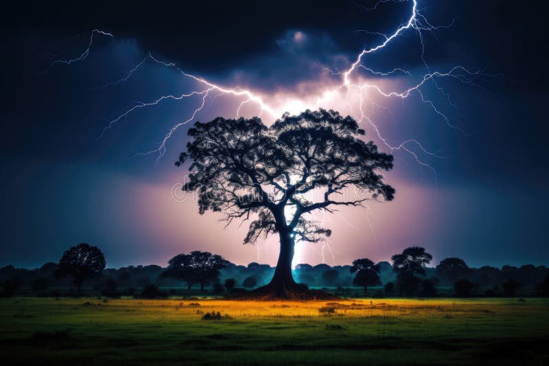 A Tree in Nature with Clouds in the Sky and Lightning Stock Photo ...