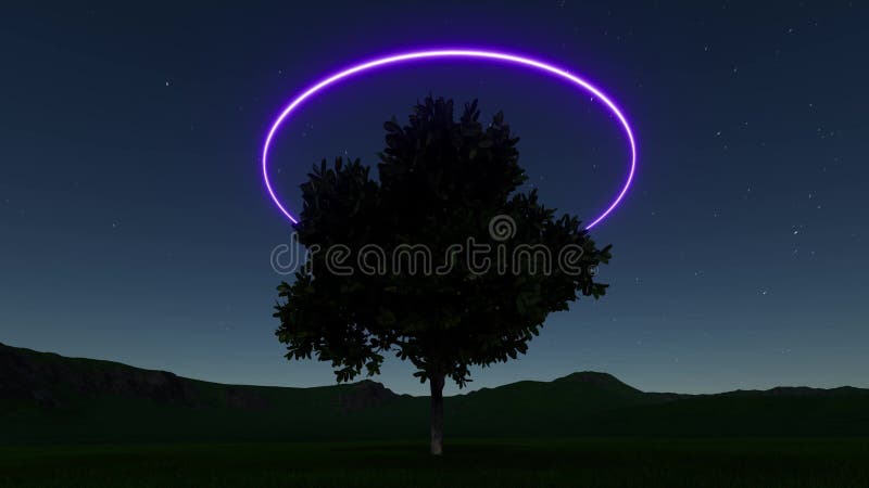 Tree Neon Ring in Abstract Style on Deep Stars. Modern Science ...