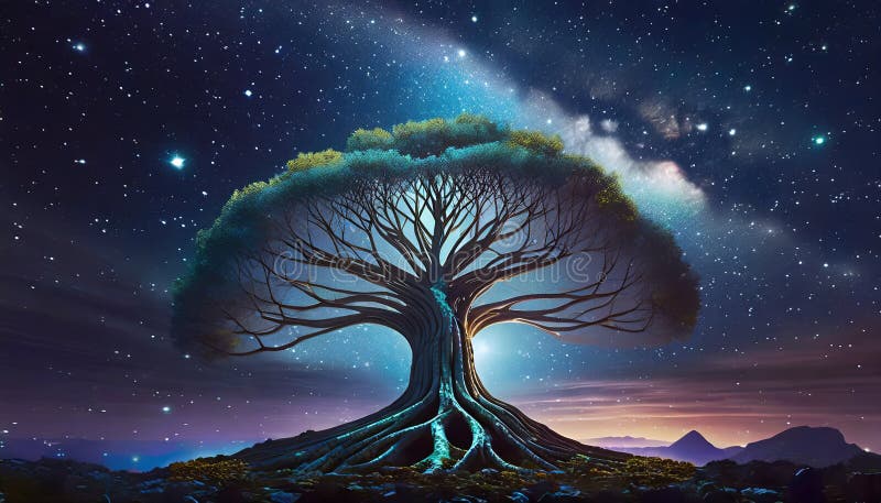 Tree with night sky stock illustration. Illustration of nebula - 327948983