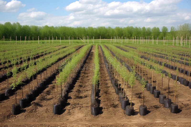 Tree Nursery with Rows of Newly Planted Trees Stock Photo - Image of ...