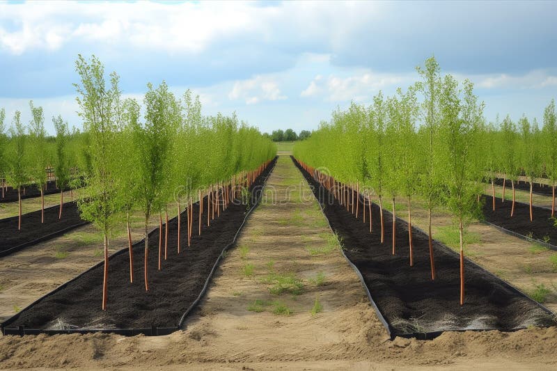 Tree Nursery with Rows of Newly Planted Trees Stock Illustration ...