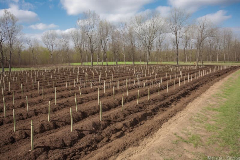 Tree Nursery, with Rows of Newly Planted Trees Ready for Growth Stock ...