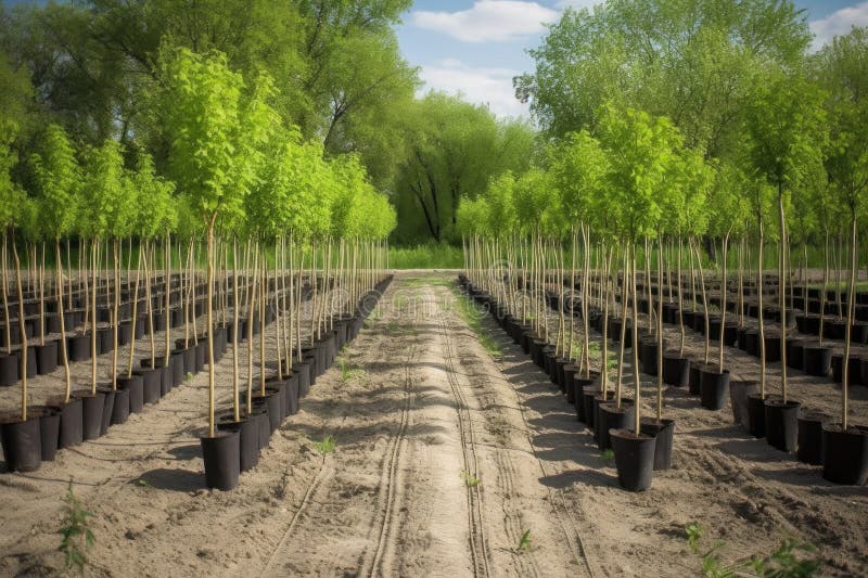 Tree Nursery with Rows of Young Trees Ready for Planting Stock ...