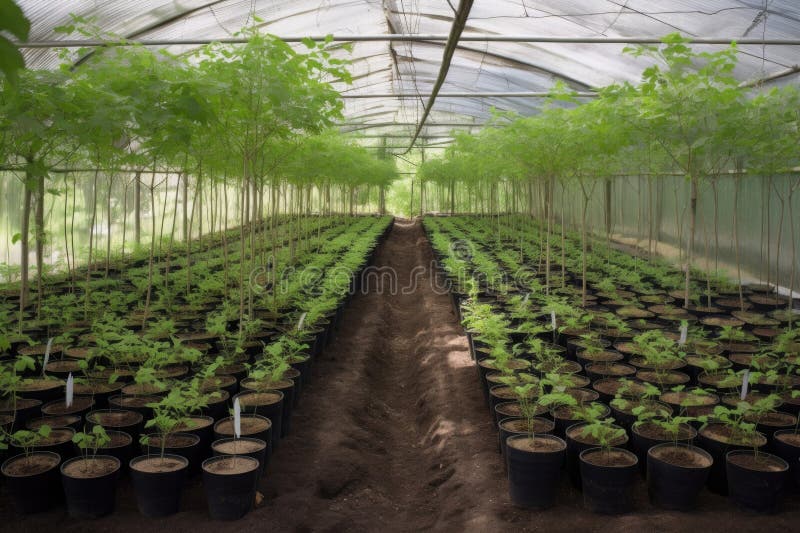 Tree Nursery, with Saplings and Seedlings Growing in Pots Stock ...