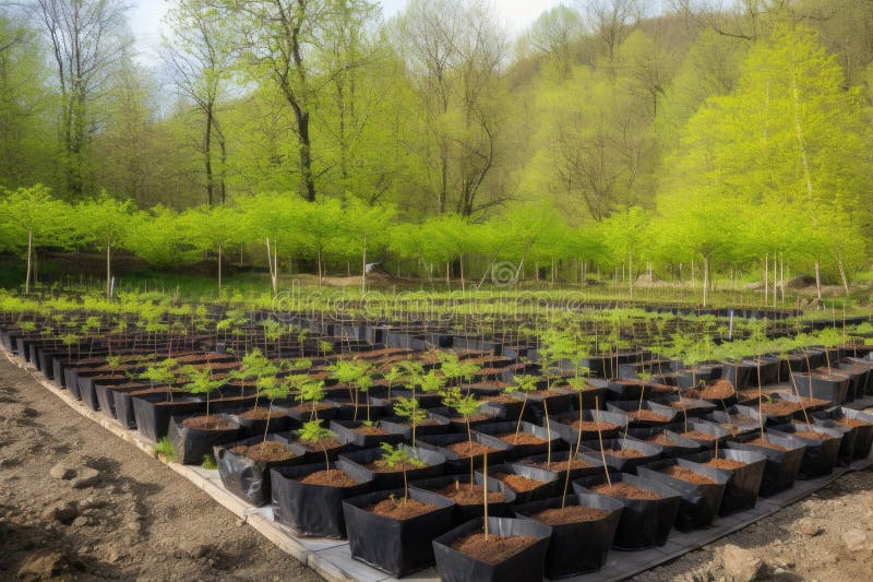 Tree Nursery, with Seedlings and Saplings Growing in Beds of Soil Stock ...