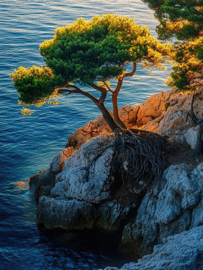 Tree on Ocean Rock stock photo. Image of landscape, water - 376964514