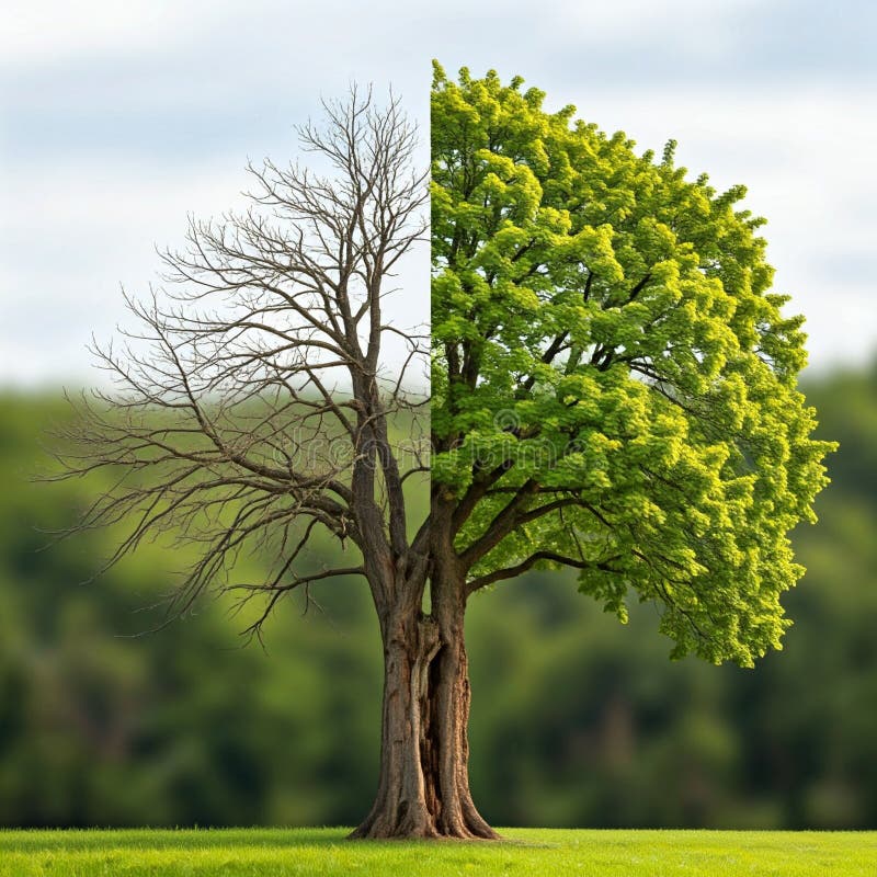 A Tree with One Half Alive and One Half Dead Stock Illustration ...