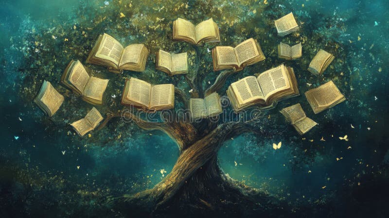 A Tree of Open Books with Falling Butterflies Stock Illustration ...