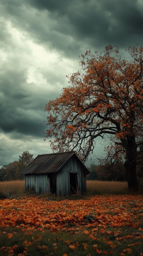 Tree Over Old House with Red Leaves and Cloudy Sky for Storm, Lots of ...