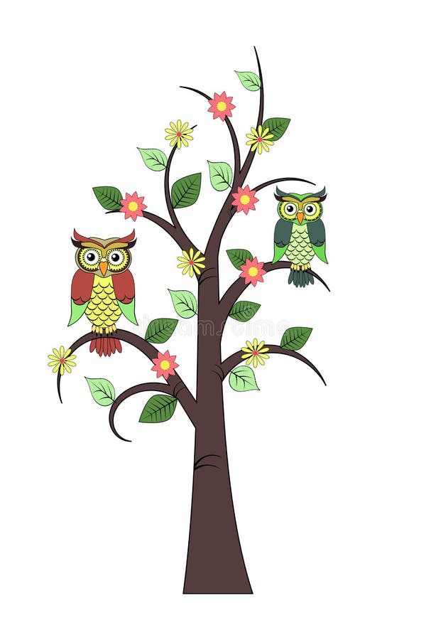 Tree with owls and flowers stock illustration. Illustration of color ...