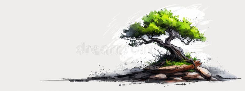 A Tree Painted Atop Rocks, Adjacent To Another Tree Watercolor on a ...