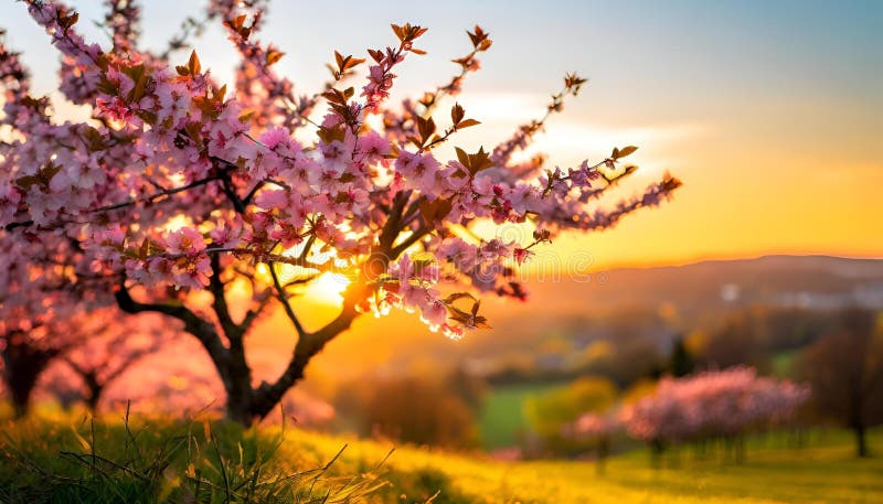 A Tree in the Park at Sunset with Its Flower on Stock Illustration ...